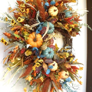Foliage Wispy Pinecone Pumpkin Fall Wreath, Autumn Front Door or Wall ...