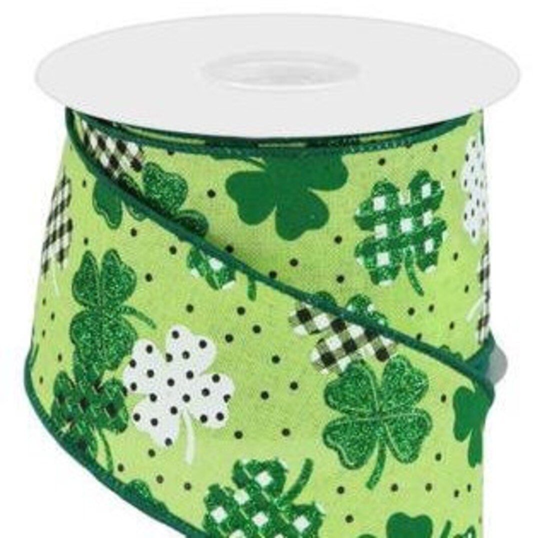 Patterned Shamrocks on Royal Wired Ribbon, 2.5"x10yds, Green/emerald ...