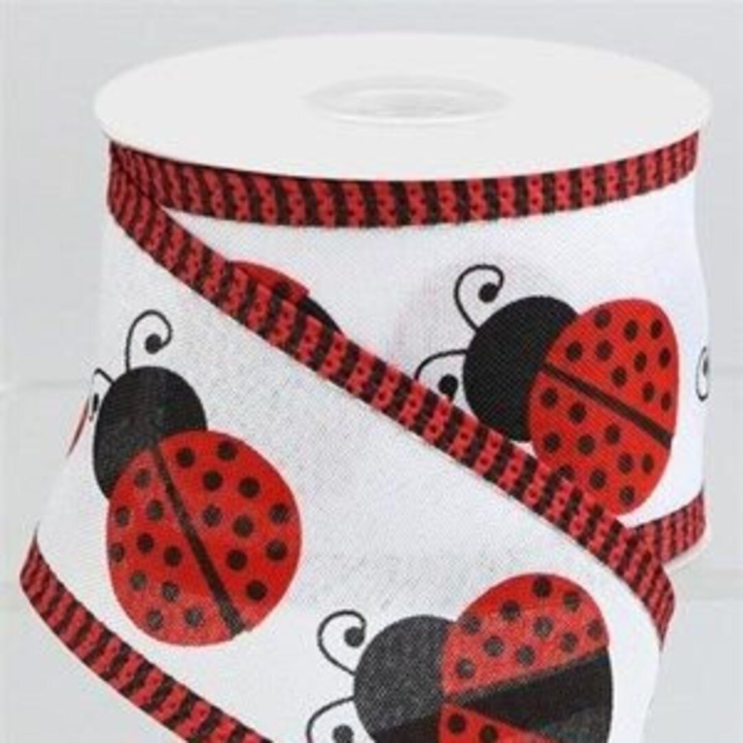 Ladybug/thin Stripe Wired Ribbon, 2.5 X 10 Yds, White/black/red, Spring ...