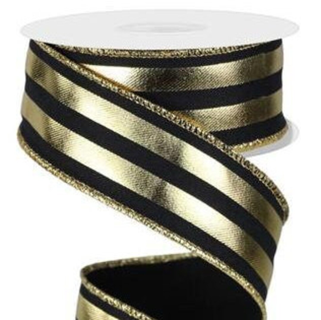 Metallic Vertical Striped Wired Ribbon, Black/gold 1.5" X 10 Yards ...