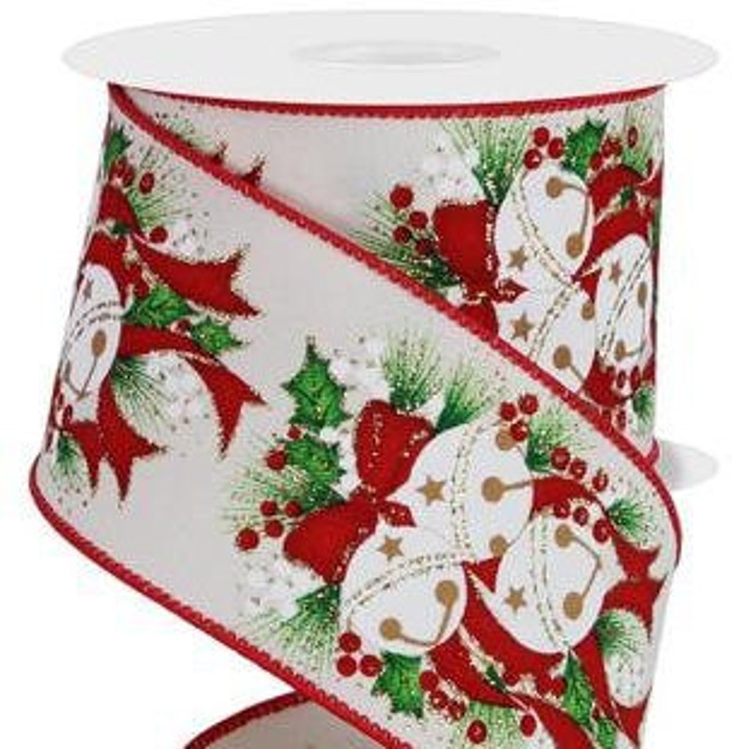 Jingle Bell/holly/berry/pine Wired Ribbon, 2.5"x 10 Yds. Ivory/gold/red ...
