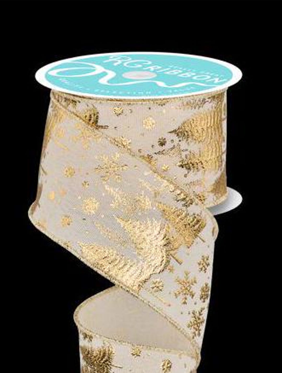 Pine Trees/snowflake Wired Ribbon, Cream/metallic Gold, 2.5"x 10yds ...