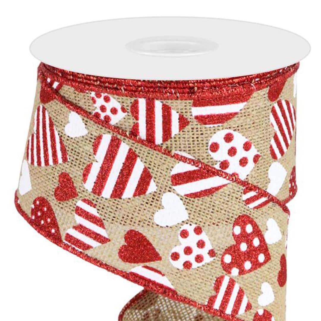 Valentine Hearts Flax Royal Burlap Wired Ribbon: Natural/white/red (2.5 ...