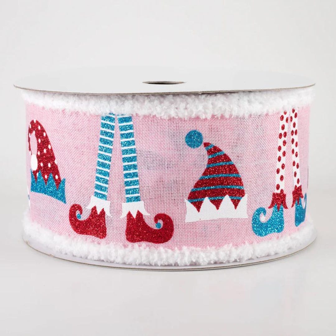 Elf Hats & Legs Fuzzy Edge Ribbon Wired Ribbon, 2.5 X 10 Yds, Pink/ice ...