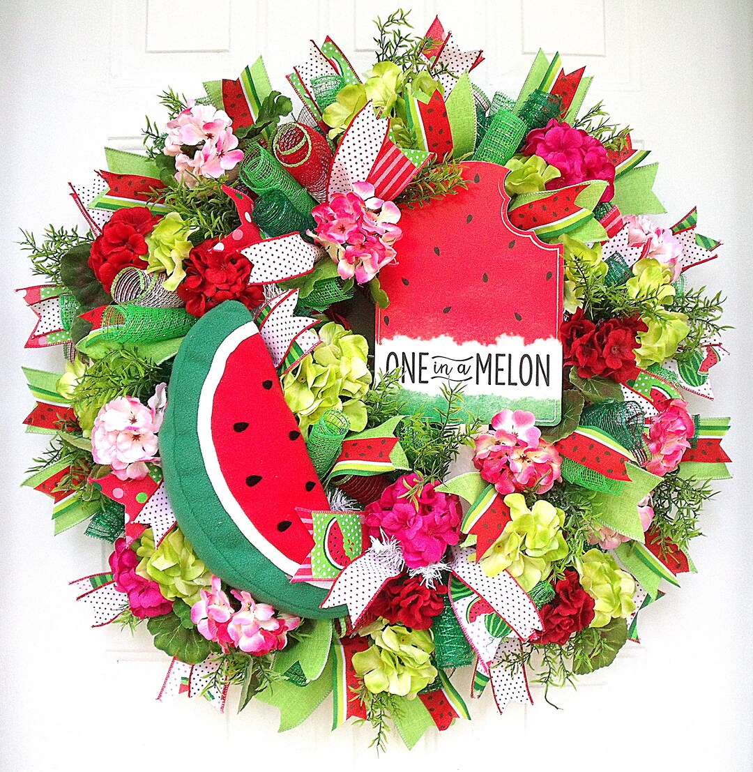 Watermelon Summer Reds Pinks Green Wreath, Geranium Hydrangea Wreath ...