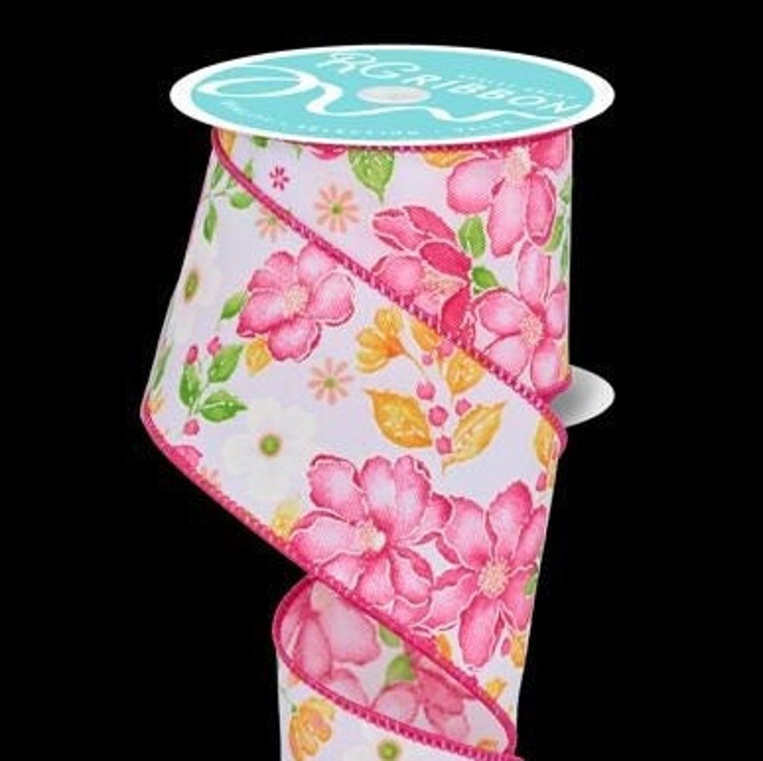 Watercolor Flowers in White/pink/orange Wired Ribbon, 2.5 X 10 Yds ...