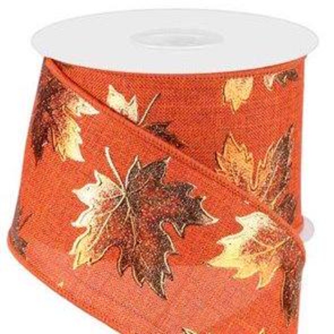 2.5" X 10yd Foil Maple Leaf on Royal Ribbon, Rust/foil, Fall ...