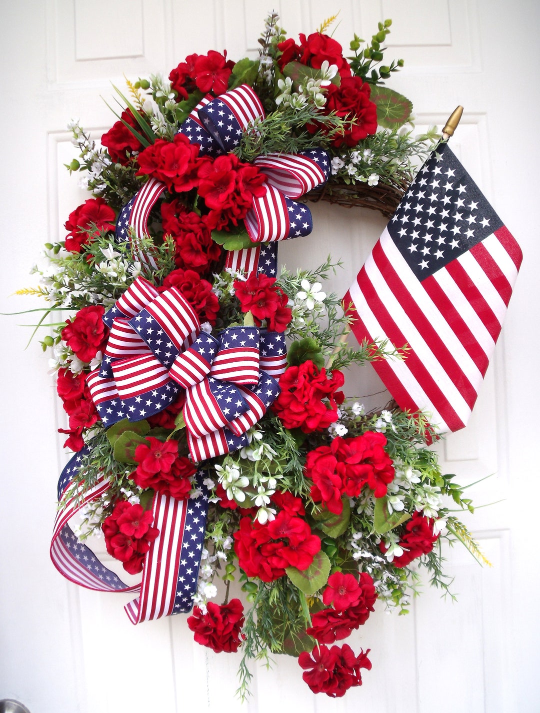 Patriotic Geranium Wreath: Americana Flag Door Decor - Etsy