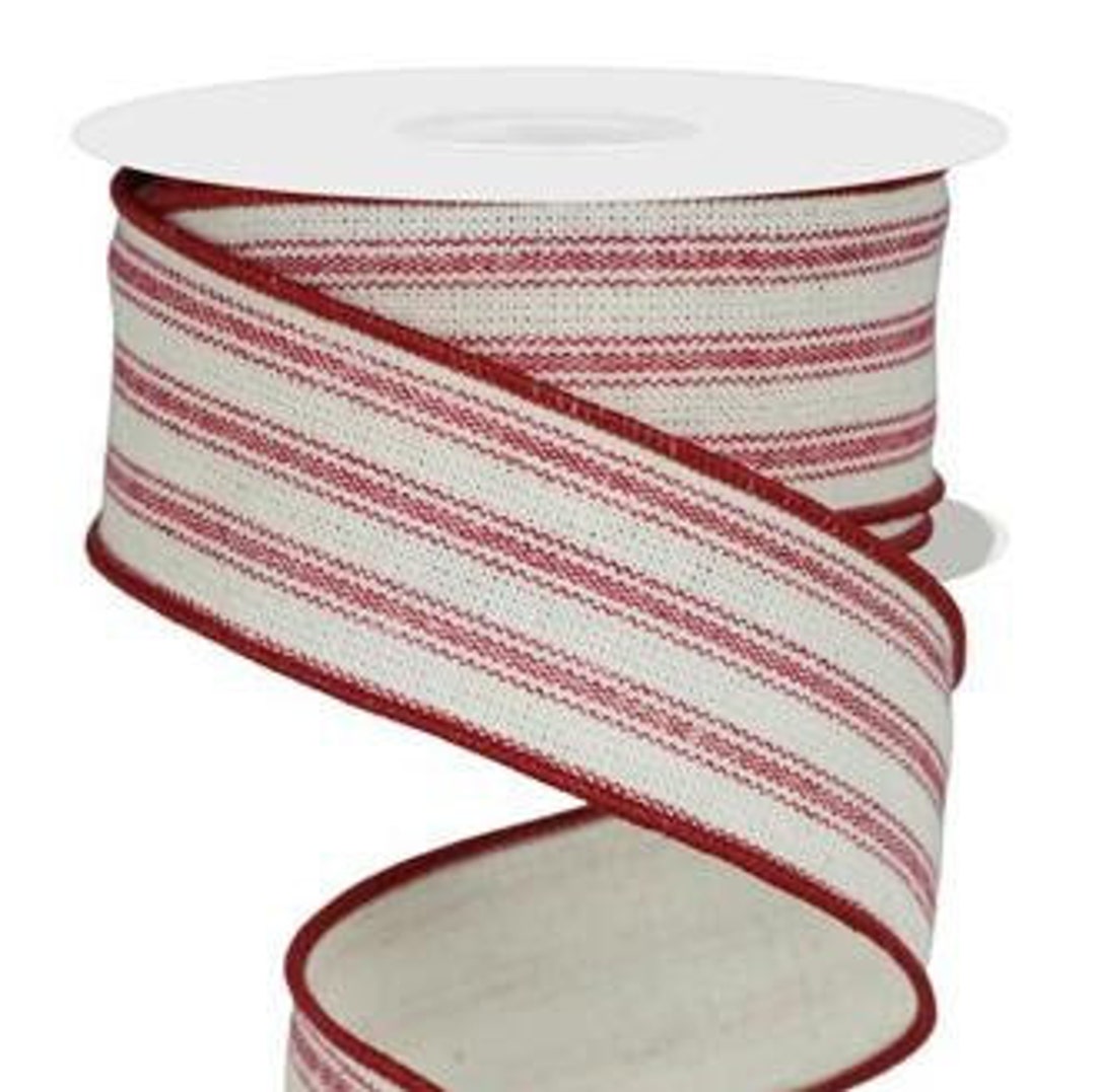 Ticking/stripe Wired Ribbon, Ivory/dark Red, 1.5" X 10yds, Farmhouse ...