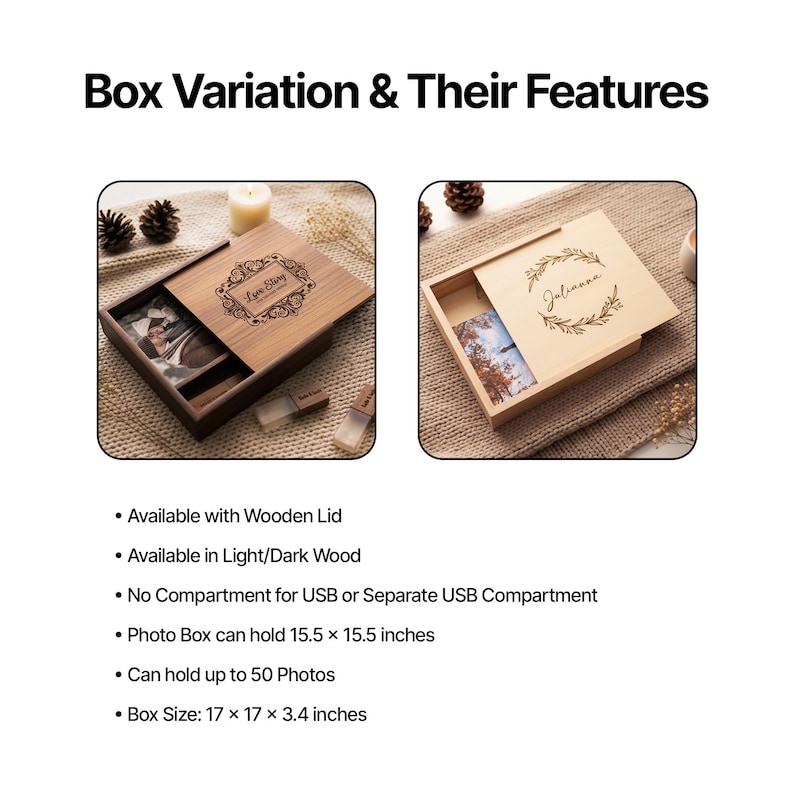 Custom Wooden Photo Box With Engraved Wooden Lid & Engraved USB ...