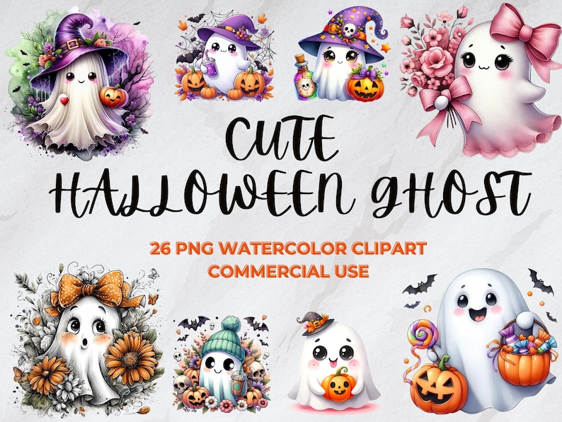 Watercolor Halloween Ghost Clipart Bundle - Cute Ghost PNG - Cute ...