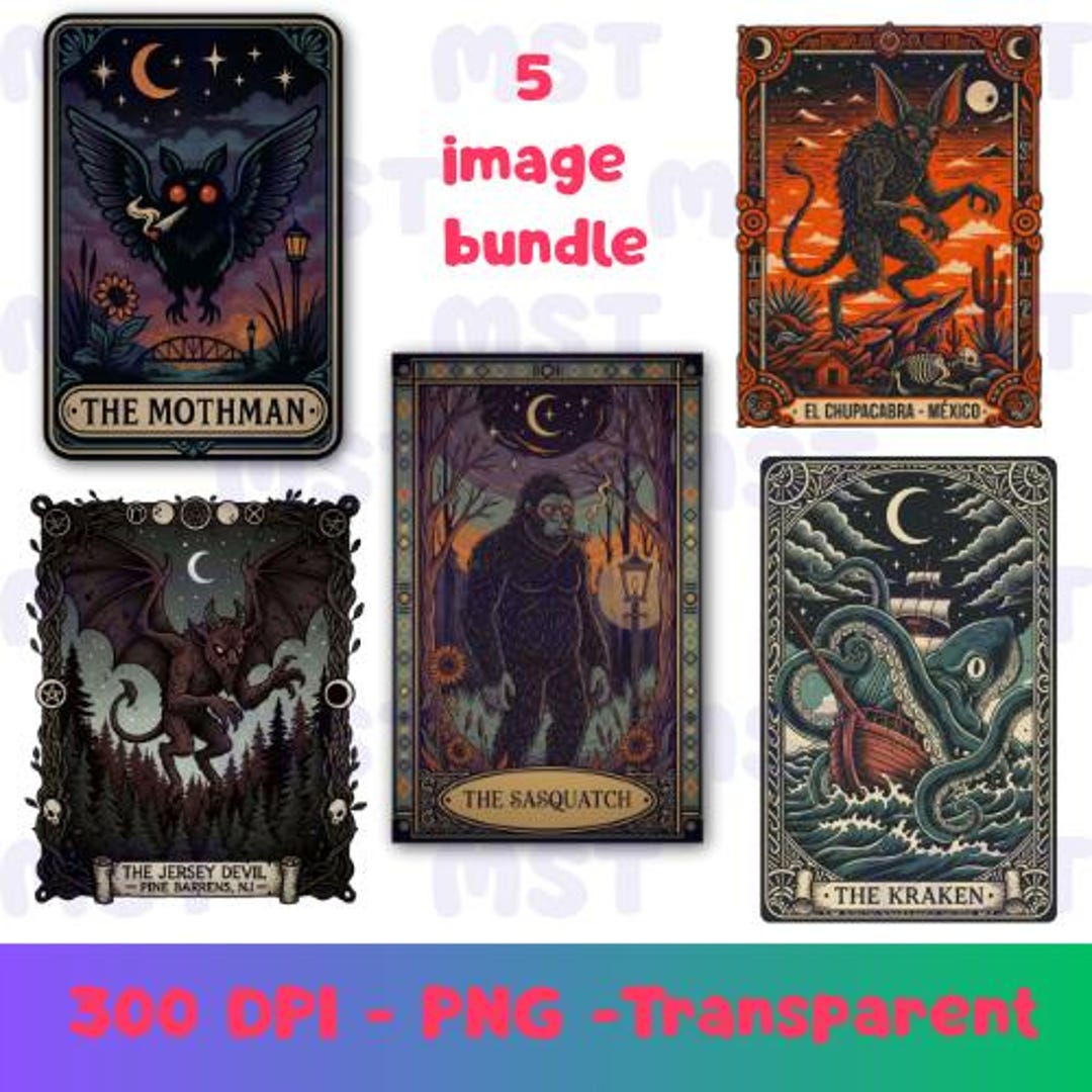 Cryptid Tarot Card Bundle PNG | Mothman Bigfoot Kraken Jersey Devil ...