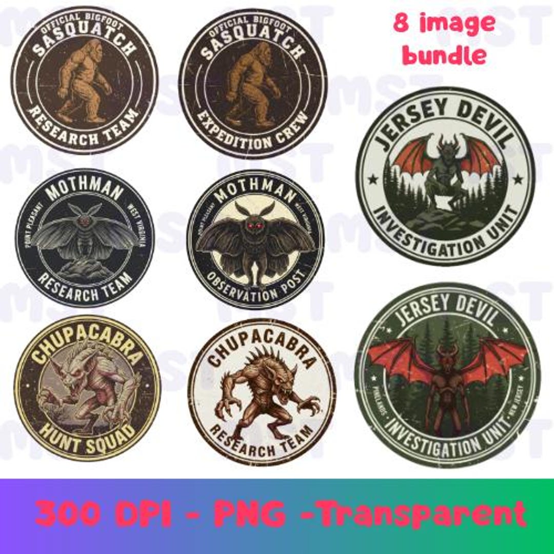 Cryptozoology Badge PNG Bundle, Retro National Park Sublimation | Bigfoot Mothman Jersey Devil ...