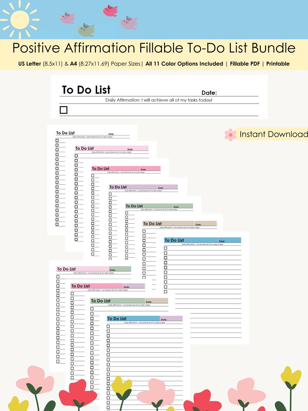 Daily Positive Affirmation Planner To-do List Checklist Template Bundle ...
