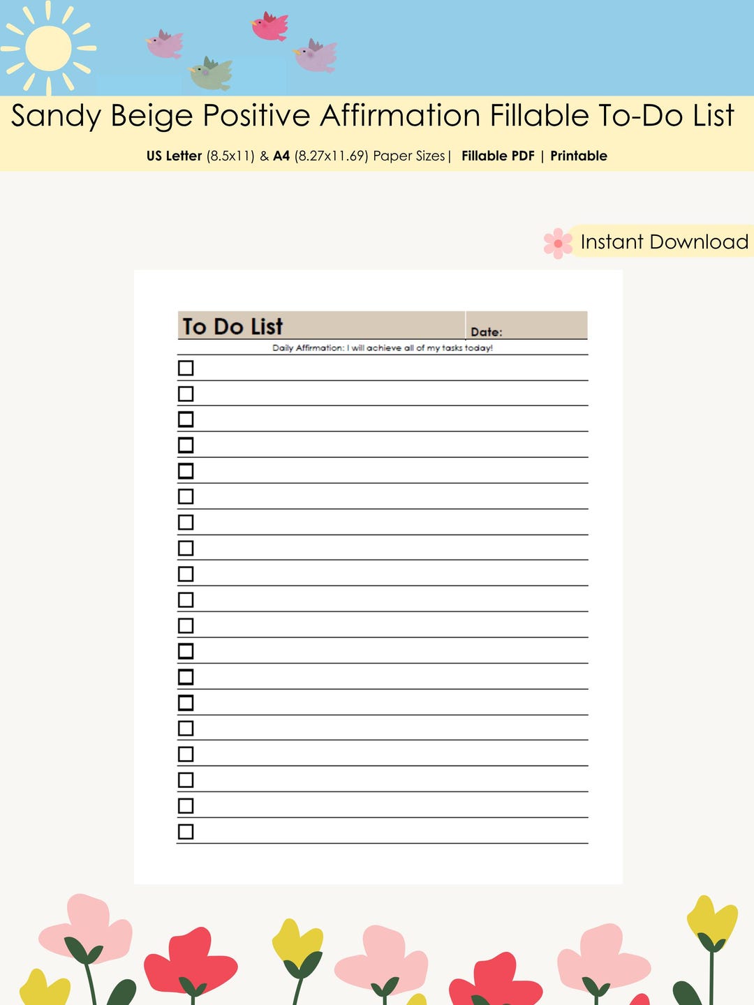 Sandy Beige Daily Positive Affirmation To-do List Checklist Template ...