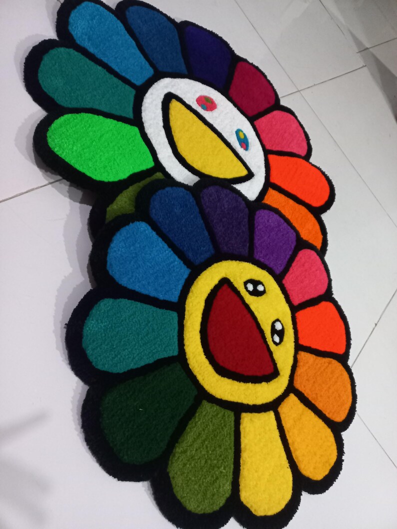 Handmade Tufted Rainbow Smiley Flower Rug: Cheerful Kawaii Accent ...