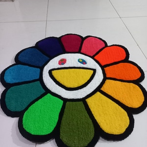Handmade Tufted Rainbow Smiley Flower Rug: Cheerful Kawaii Accent ...
