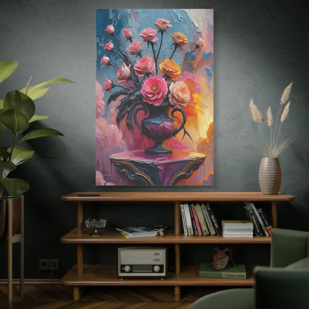 Romantic Bloom in Indigo,textured Floral Art, Impasto Roses Print, Pink ...