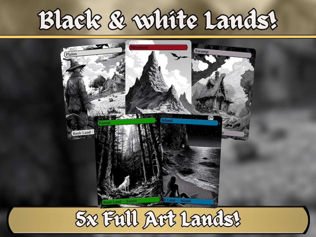 Black and White Basic Lands - Unique Full-art Dark Fantasy B&W Basic ...