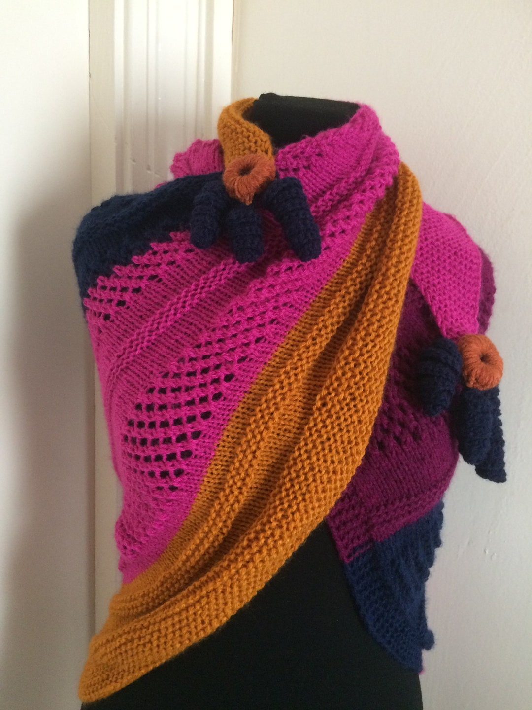 Knitted Shawl.hand Knit Stripes Wrap.knitted Scarf.knitted Bacchus.knit ...