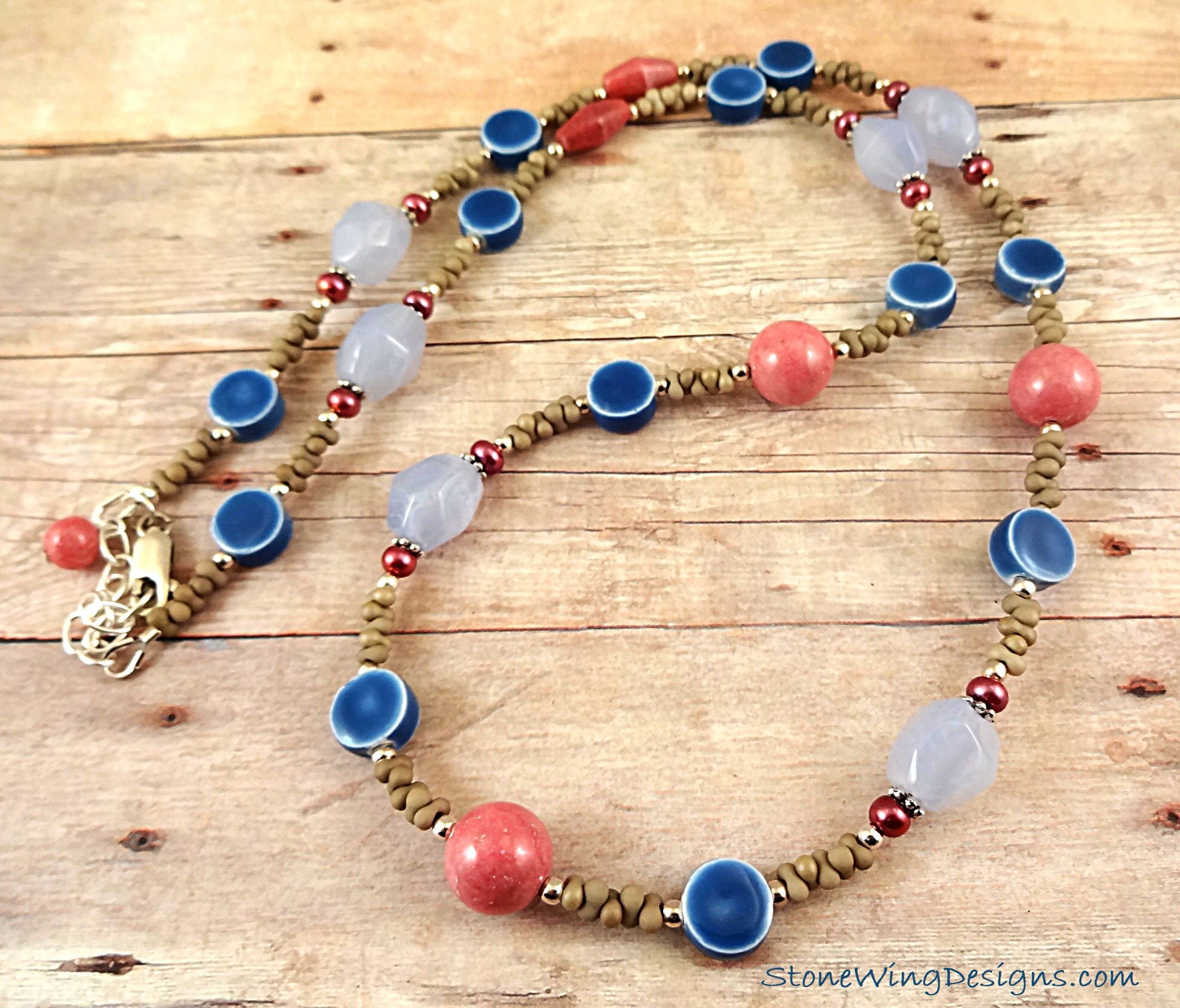 Blue Chalcedony, Stone and Pearl, Rhodonite Necklace, Chalcedony ...