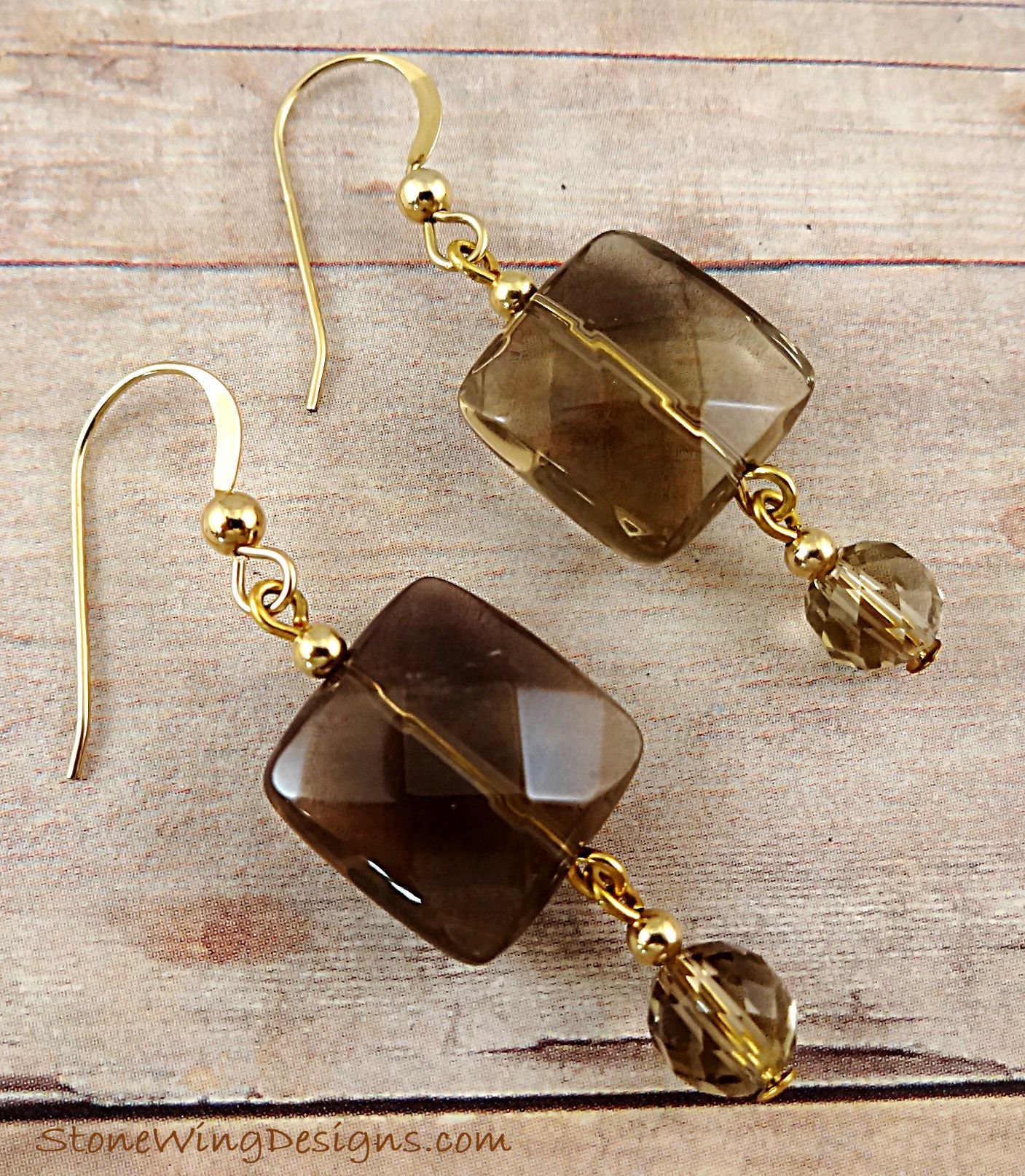 Square Faceted Smokey Quartz Gemstone Earrings