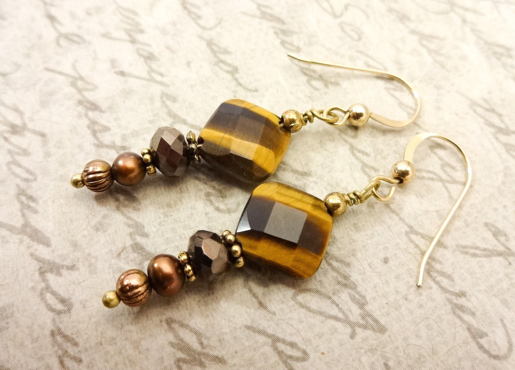 Tiger Eye, Freshwater Pearl and Crystal Earrings, Brown Dangle Earrings ...