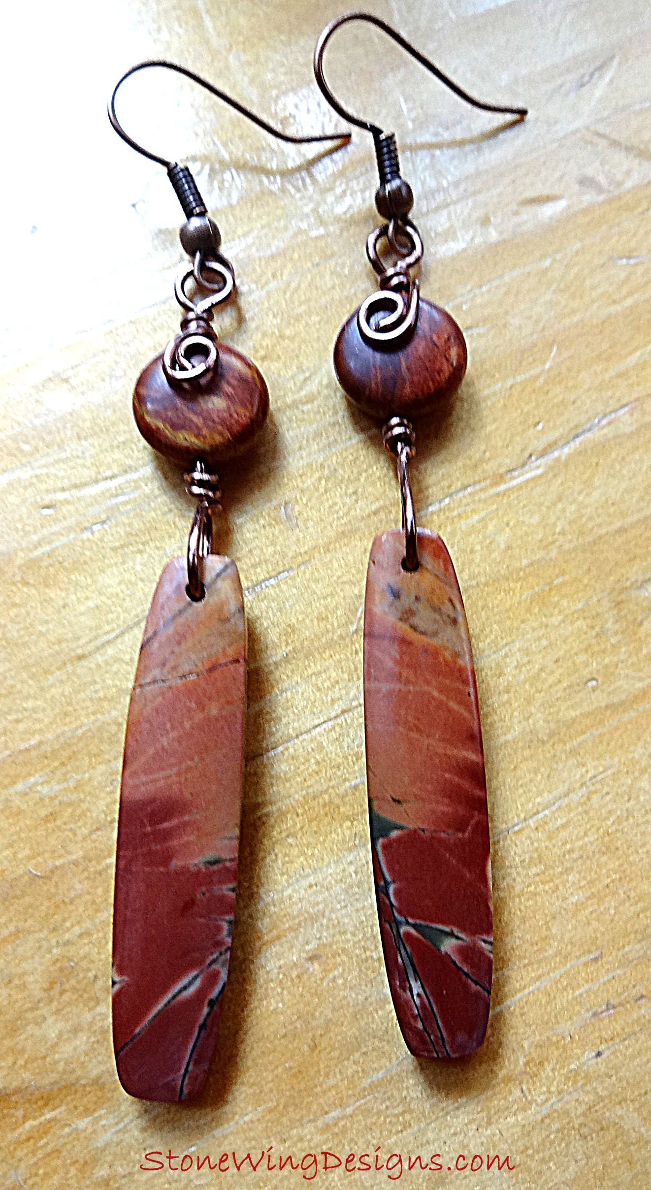 Rustic Boho Red Creek Jasper Earrings In Red Orange And Peach