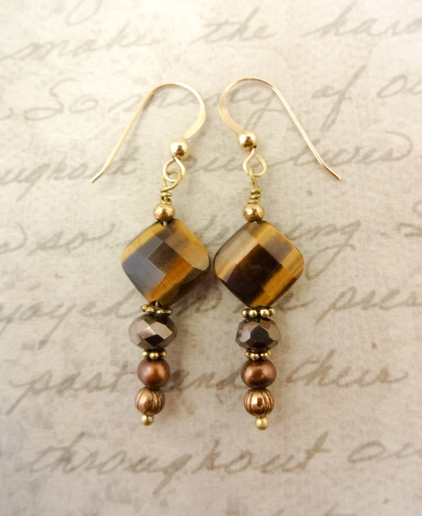 Tiger Eye, Freshwater Pearl and Crystal Earrings, Brown Dangle Earrings ...