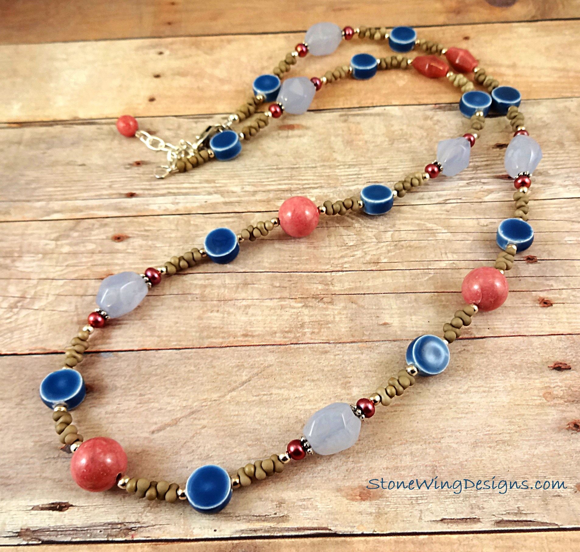 Blue Chalcedony, Stone and Pearl, Rhodonite Necklace, Chalcedony ...