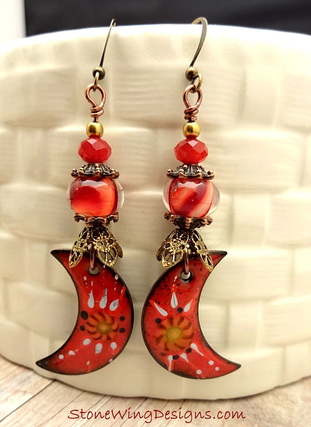 Red Crescent Moon Artisan Enamel and Lamp Glass Earrings