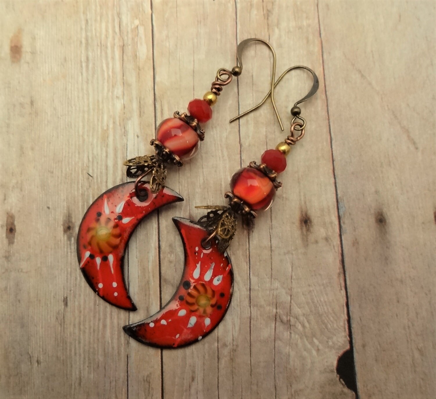 Red Crescent Moon Artisan Enamel and Lamp Glass Earrings