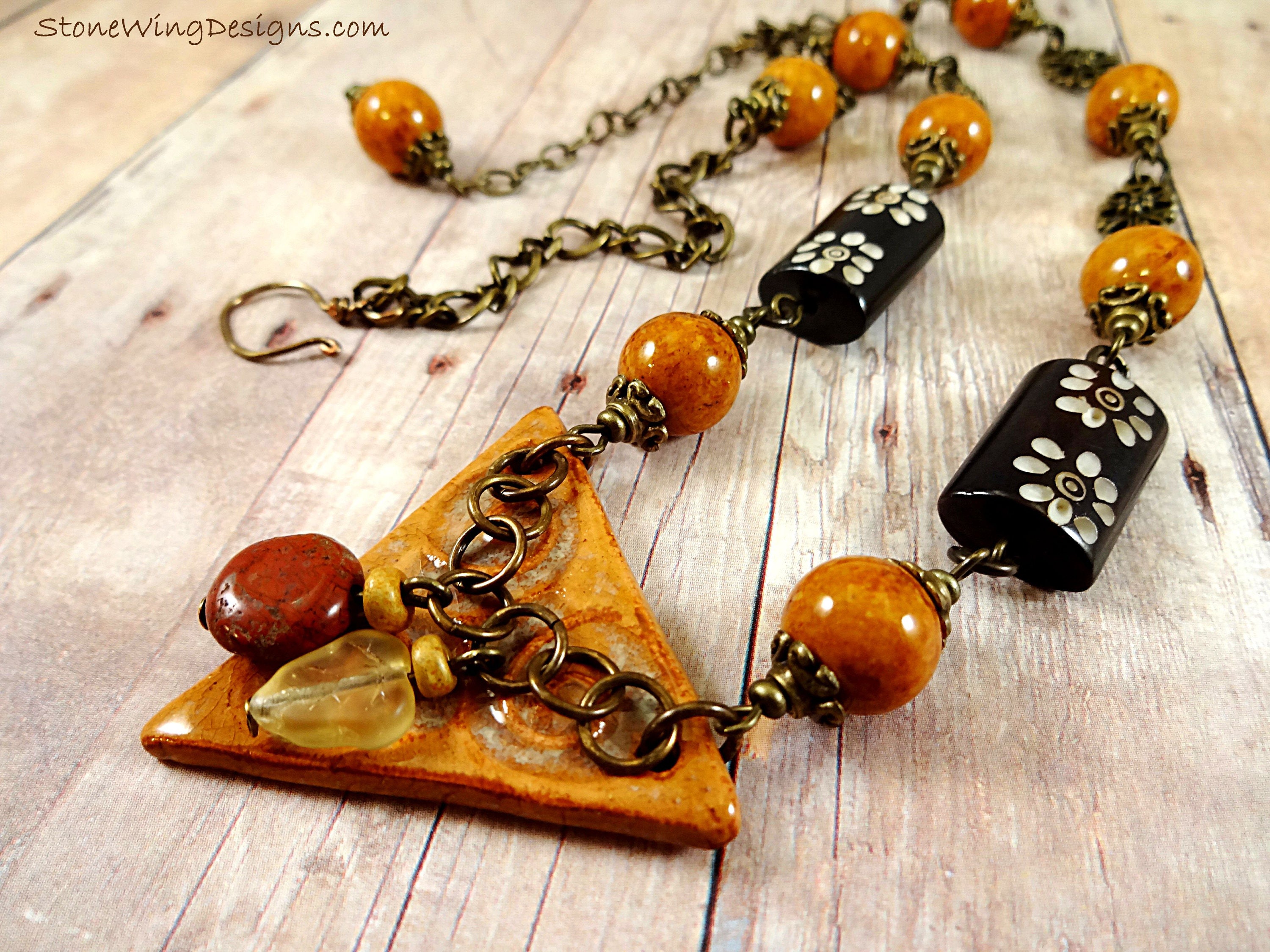 Boho Rustic Necklace with Artisan Ceramic, Carved Bone, Yellow Jasper ...