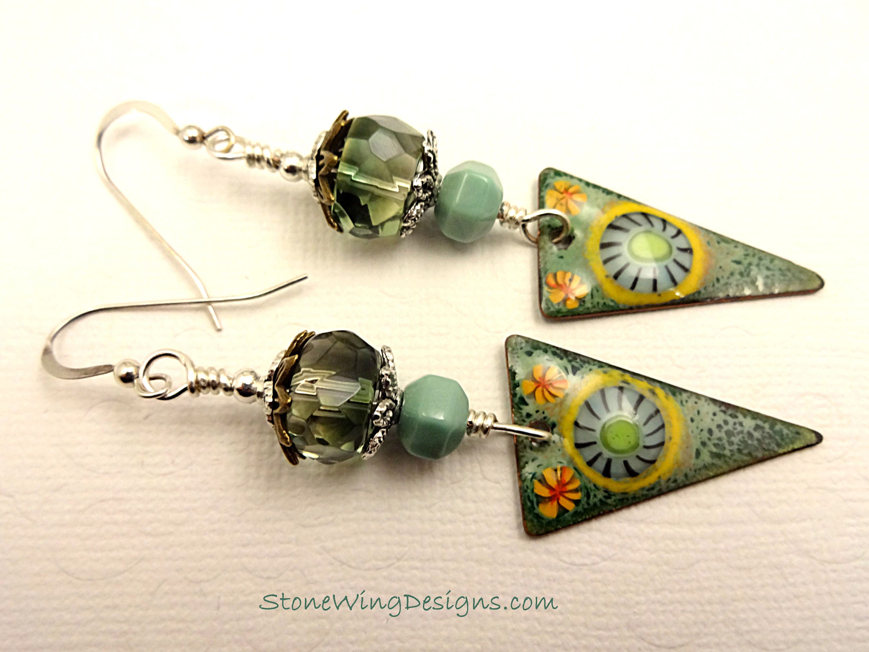 Artisan Enamel and Green Gemstone Triangle Earrings