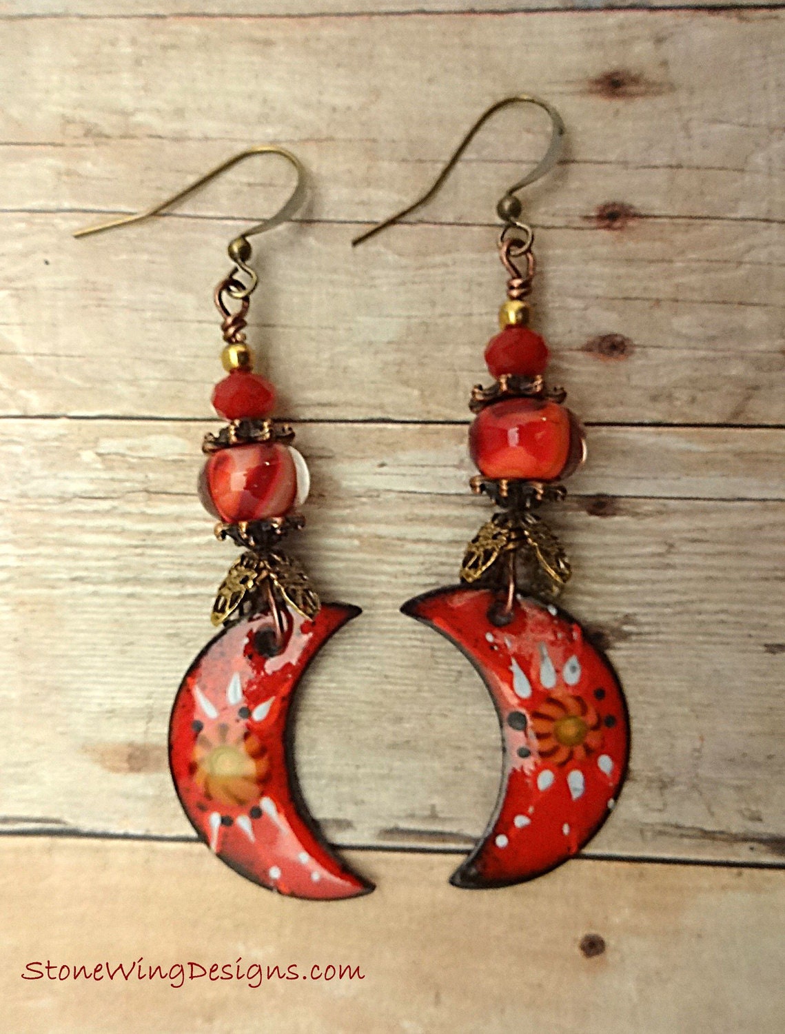 Red Crescent Moon Artisan Enamel and Lamp Glass Earrings
