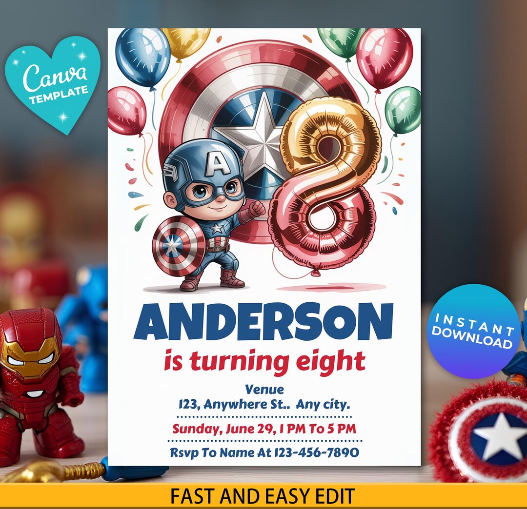 Editable Captain America 8th Birthday Invitation | Canva Template ...