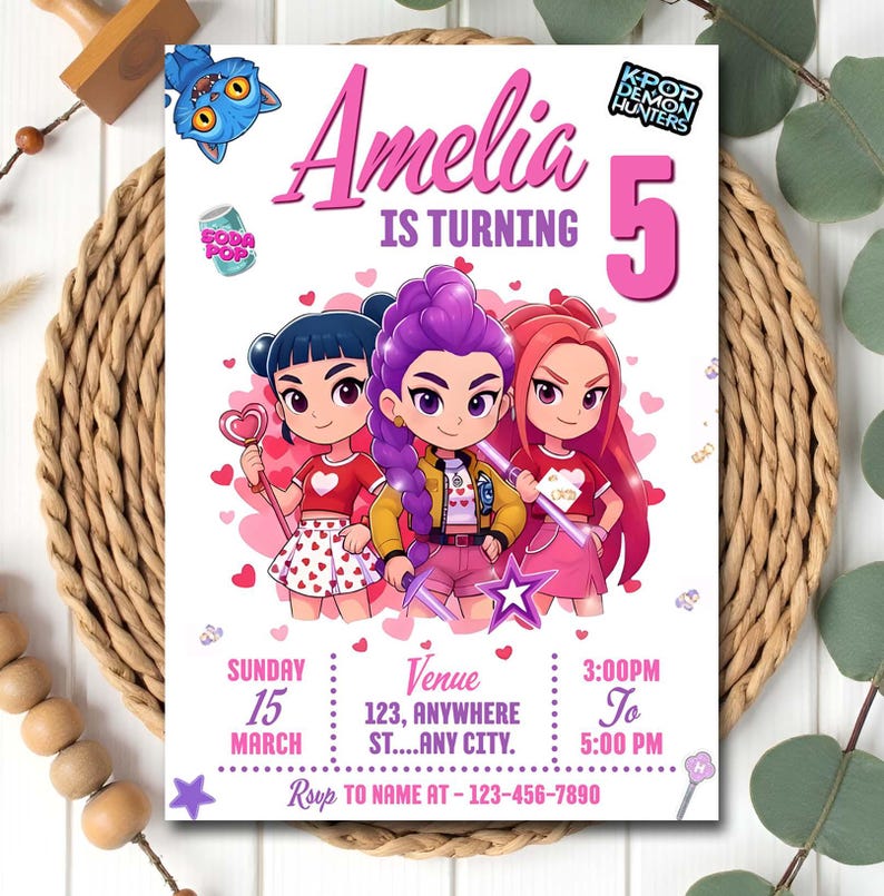K-pop Demon Hunters Birthday Invitation, K-pop Birthday Template, Kpop ...