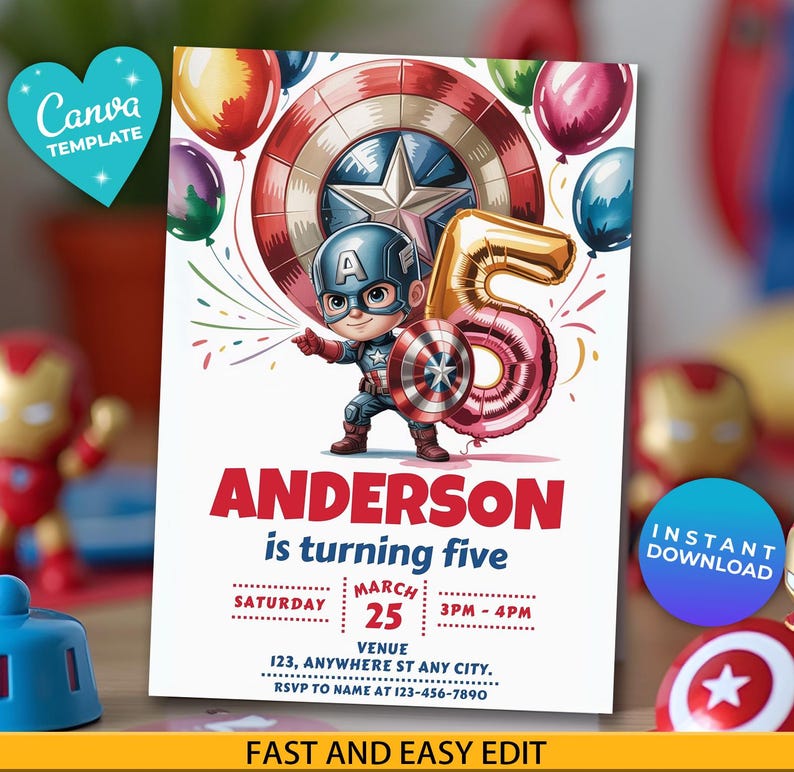 Editable Captain America 5th Birthday Invitation | Canva Template ...