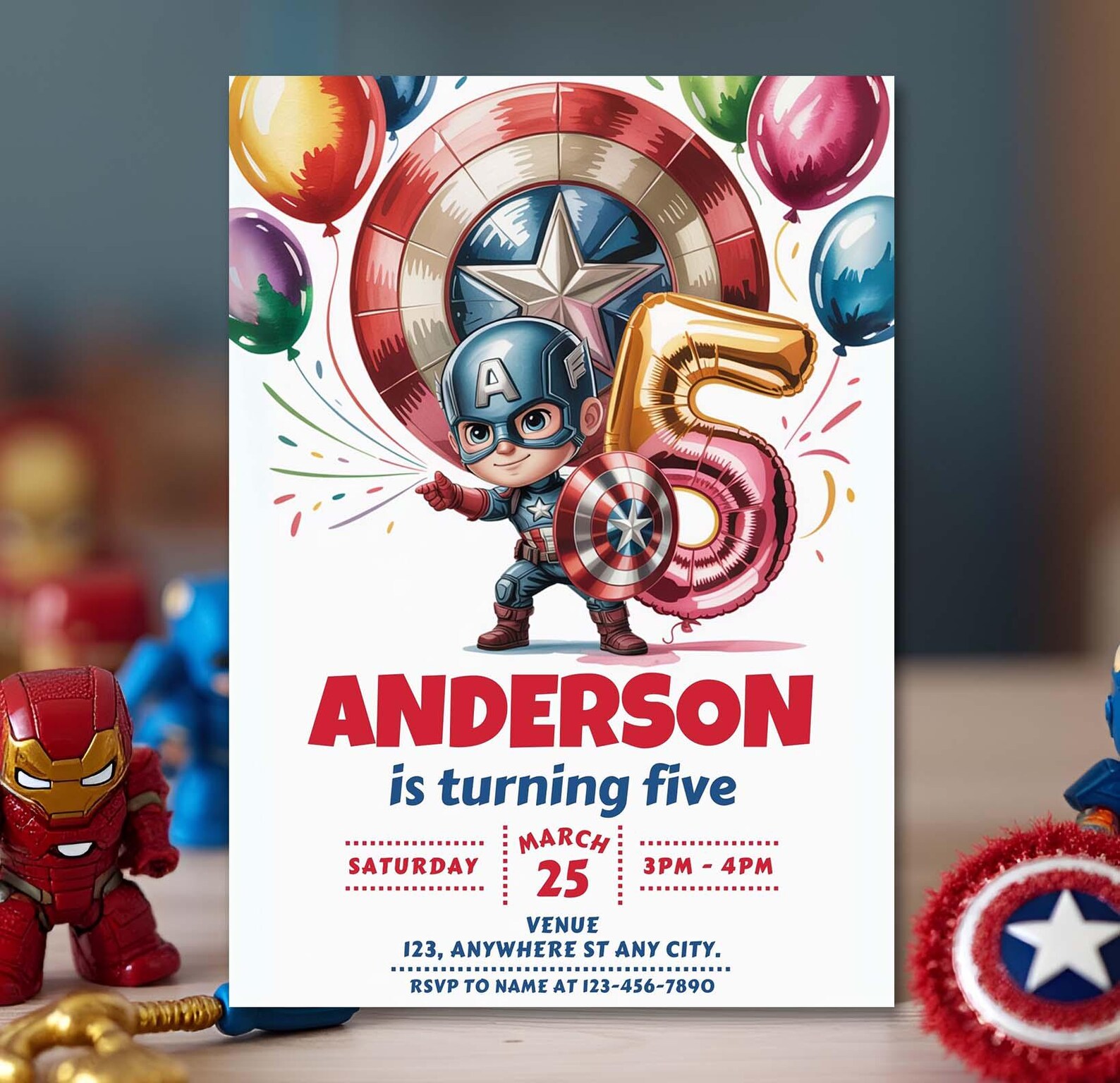 Editable Captain America 5th Birthday Invitation | Canva Template ...