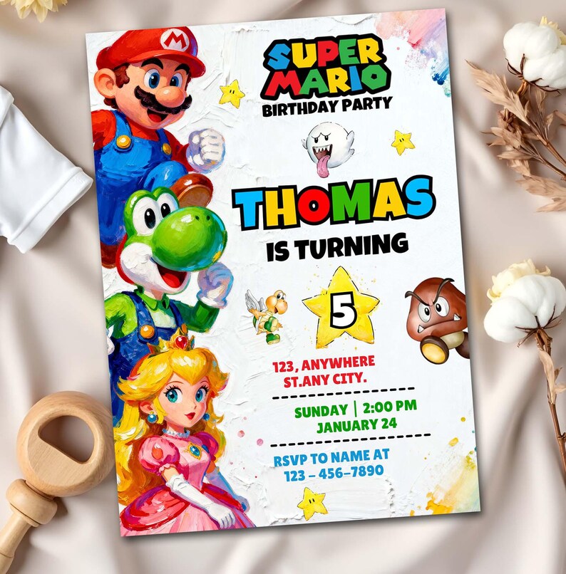 Super Mario Birthday Invitation, Editable Mario Watercolor Invite ...