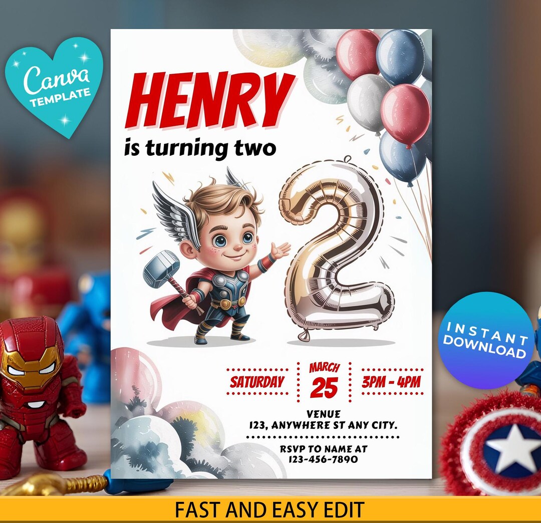 Editable Thor 2nd Birthday Invitation Template | Canva Template ...