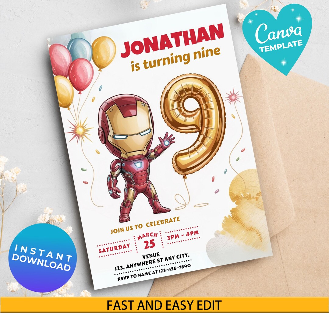 Iron Man 9th Birthday Invitation | Editable Superhero Party Invite ...