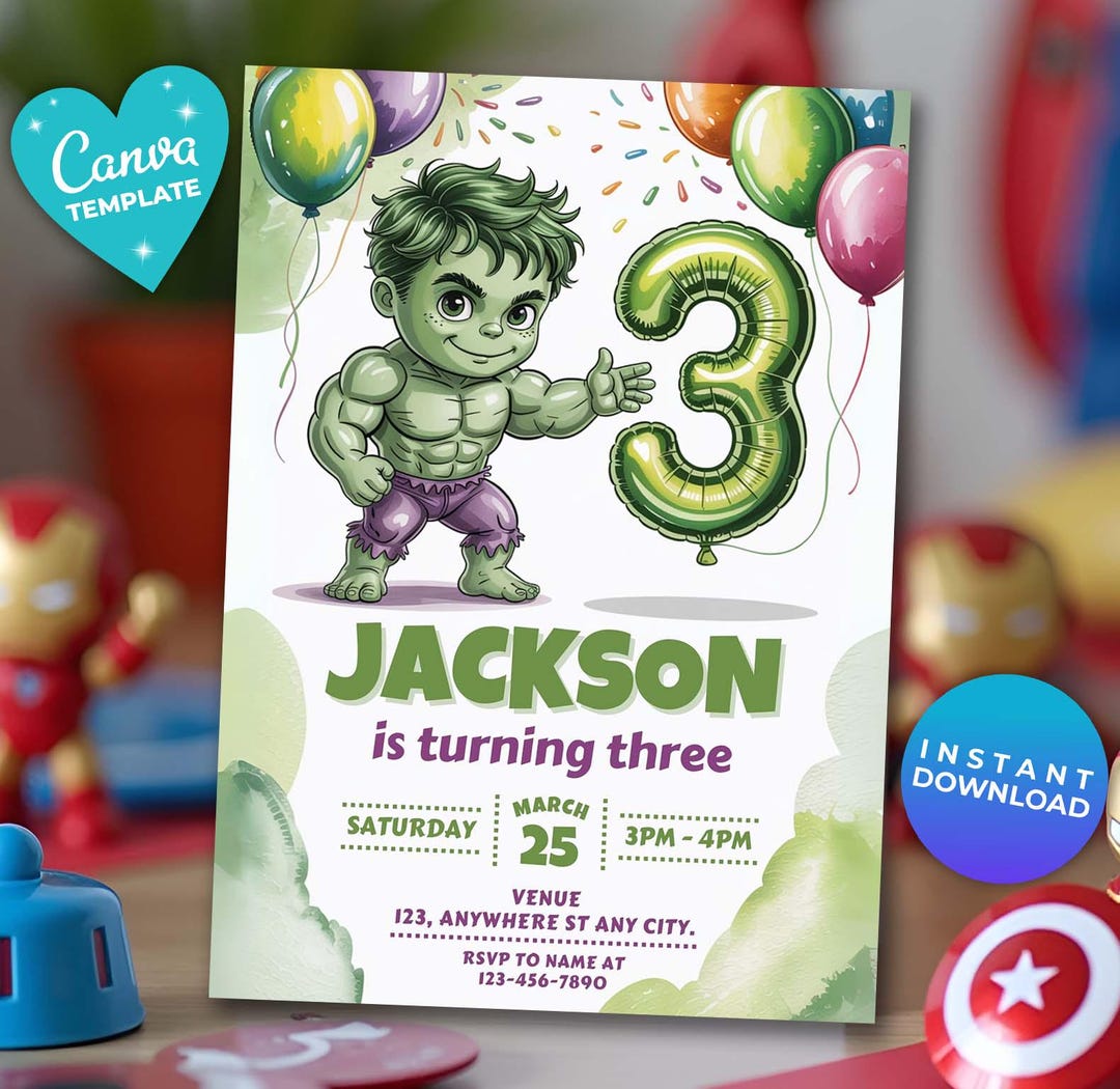 Editable Hulk Birthday Invitation Template | Canva Template | Digital ...