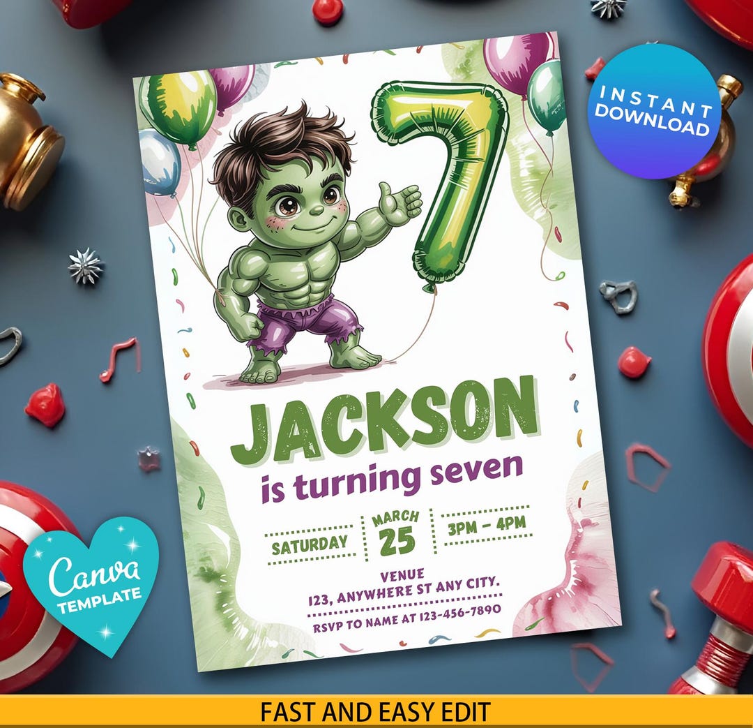Editable Hulk 7th Birthday Invitation Template | Canva Template ...