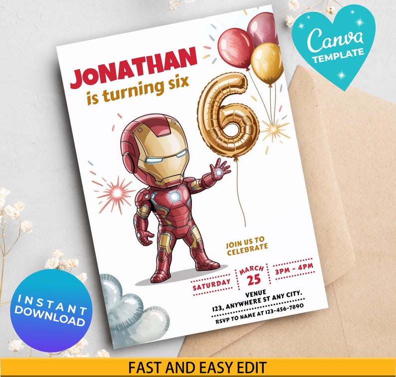 Iron Man 6th Birthday Invitation | Editable Superhero Party Invite ...