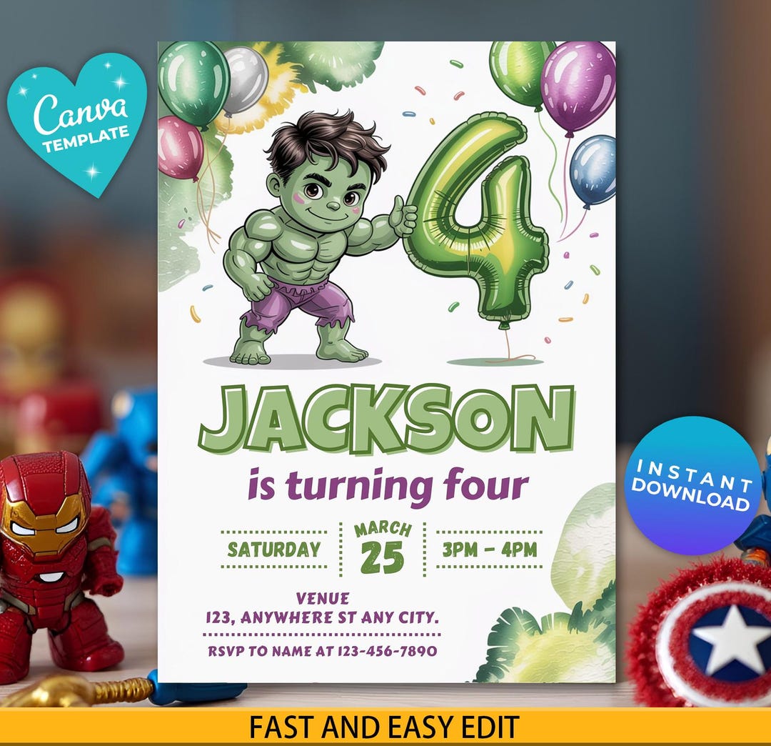 Editable Hulk 4th Birthday Invitation Template | Canva Template ...