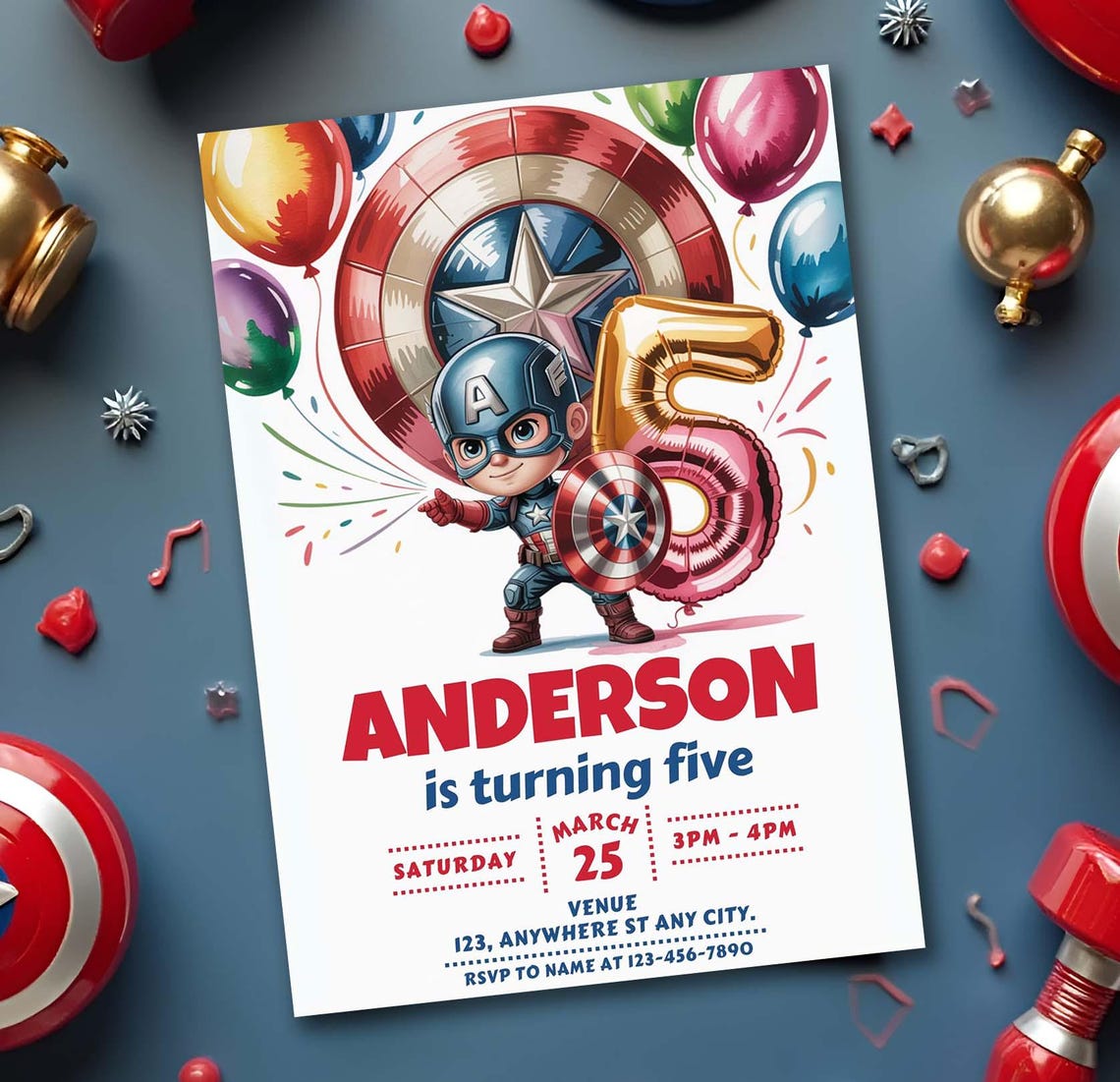 Editable Captain America 5th Birthday Invitation | Canva Template ...