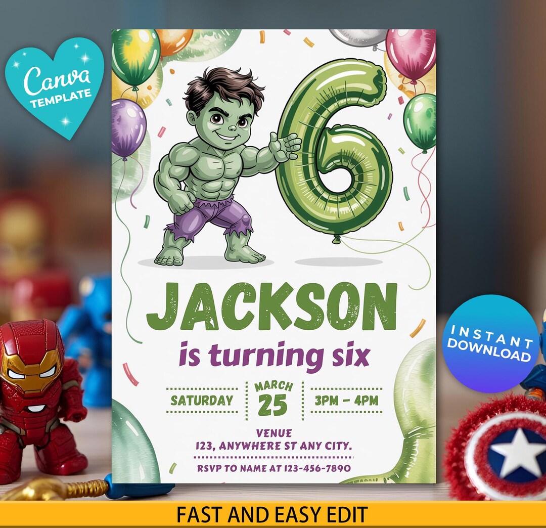 Editable Hulk 6th Birthday Invitation Template | Canva Template ...