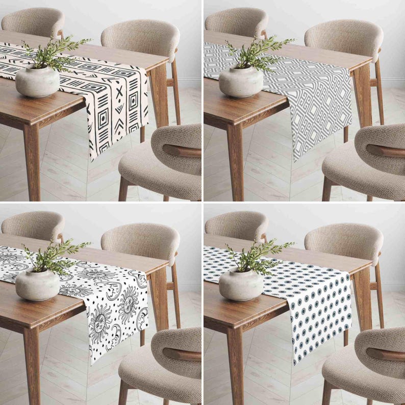 Scandinavian Table Runner, Geometric Sun Face Pattern (black Gray ...