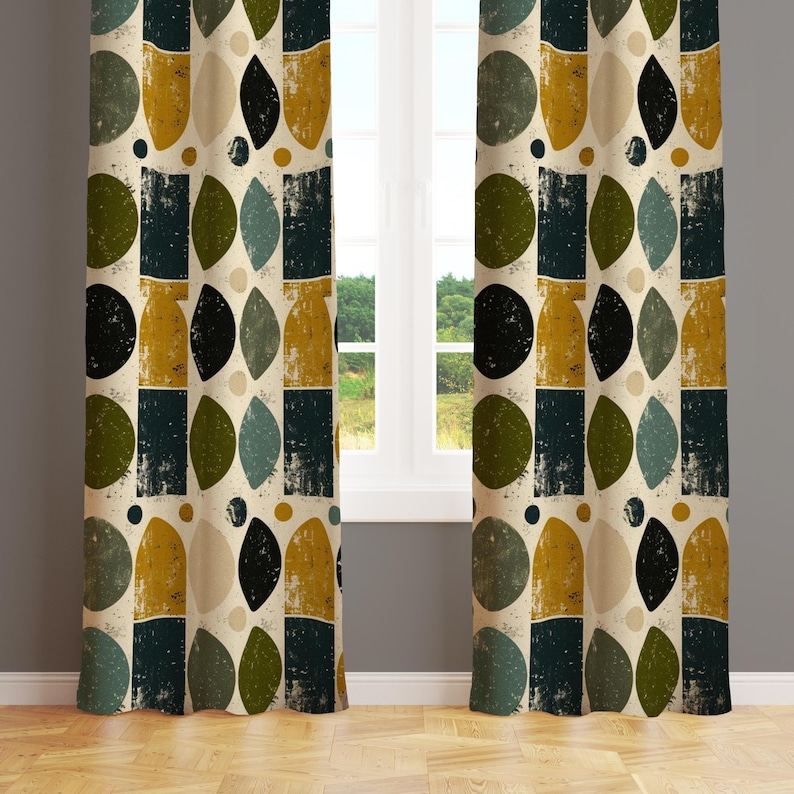 Mid Century Modern Curtains: Retro Geometric Design - Cotton Blend - Etsy
